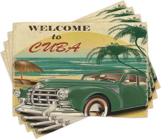 Abakuhaus Retro Platzmatten, Nostalgischer Willkommen Zu Kuba Mit Klassischem Auto Strand Sonnenbank Sand Ozean Palmen, Waschbare Stoff Esszimmer Küche Tischdek