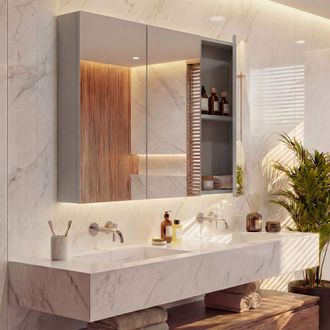 Mendler Spiegelschrank HWC-B19b, Badschrank H&auml;ngeschrank, 6 Regalb&ouml;den Hochglanz FSC-Zertifiziert 70x80x16cm - grau