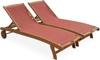 Sweeek Bains de soleil en bois - Marbella Terra cotta - 2 transats en bois dEucalyptus huil&eacute; et textil&egrave;ne terra cotta
