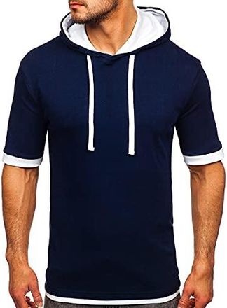 BOLF Homme T-Shirt a Capuche a Manches Courtes col Rond Tee-Shirt uni Lisse Top Tenue de Sport Logo Casual Street Style 08 Bleu foncé L [3C3]