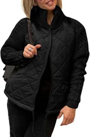 Generic Veste bouffante en tricot patchwork pour femme, fermeture &eacute;clair, manches longues, col montant, v&ecirc;tements dext&eacute;rieur chauds en coton, Noir, 3XL
