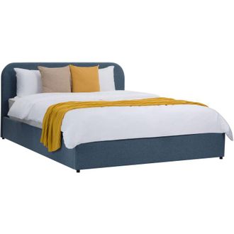 Rendez-Vous D&eacute;co Rendez-Vous D&eacute;co - Lit double coffre 140x190 cm en tissu bleu - T&ecirc;te de lit rembourr&eacute;e - Pieds en h&eacute;v&eacute;a massif - Poids max 280 kg