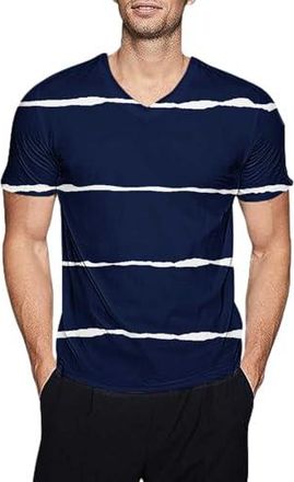 Generic T-shirt basique &agrave; rayures pour homme - Style d&eacute;contract&eacute; - Col en V - Imprim&eacute; &agrave; manches courtes, bleu marine, 3XL