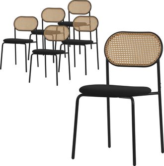 ML Design ML-Design Esszimmerst&uuml;hle 6er Set, Schwarz, K&uuml;chenstuhl mit Rattan R&uuml;ckenlehne, Gepolsterte St&uuml;hle mit gebogener Netzr&uuml;cke, Rattanstuhl mit Metallbein