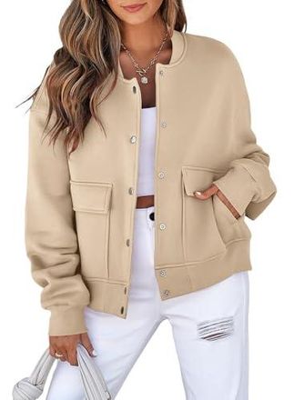 Generic Blouson bomber court à manches longues et col montant décontracté boutonné couleur unie avec poches pour femme, beige, XXL