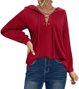 Generic Sweat &agrave; capuche d&eacute;contract&eacute; &agrave; manches longues et col en V pour femme avec cordon de serrage, rouge vin, XL