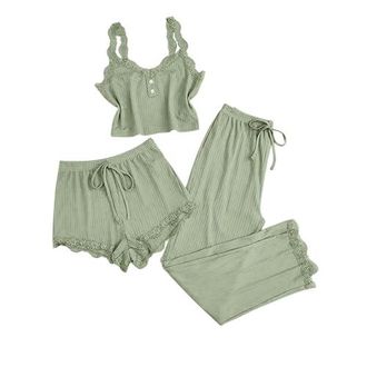 Generic Ensemble de 3 pyjamas sexy en dentelle - Col en V - D&eacute;bardeur - Short de pyjama - 3 pi&egrave;ces - Combinaison dint&eacute;rieur, Vert clair., XL