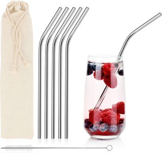 Com-Four 5 Edelstahl Trinkhalme, 21,5 cm, rostfrei, Strohhalm mit Reinigungsbürste, wiederverwendbar (Edelstahl gebogen - 05 Stück)