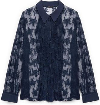 Fiorella Rubino Femme, Blouses et Chemises, Bleu, Taille: 52 FR Chemisier en dentelle avec volants