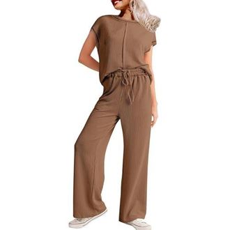 Generic Ensemble de v&ecirc;tements de d&eacute;tente pour femme - Pantalon d&eacute;t&eacute; fin en coton et lin respirant et confortable &agrave; manches courtes - Ensemble de gym pour femm
