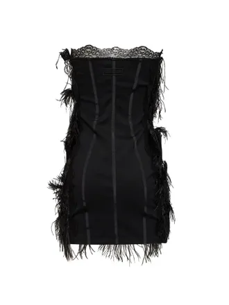 The Attico Womens Strapless Mini Dress Black Lace & Feather