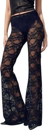 Generic Femmes Dentelle Pantalons, Y2k Taille Haute Pantalon avec Motif de Fleur au Crochet, Pantalon &agrave; Taille &eacute;lastique en Maille Transparente &eacute;vid&eacute; pour la 