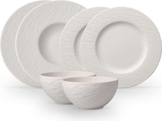 Villeroy & Boch Manufacture Rock Blanc Geschirrset 6 teilig weiß, Spülmaschinenfest, Mikrowellensicher, Geschirr Modern, Starter Set, Speiseteller, Pastateller, Müsli