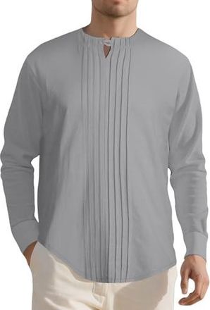 Generic Chemise en lin blanc pour homme - Coupe ajust&eacute;e - Chemise boutonn&eacute;e en coton - Manches courtes - Costume &agrave; manches courtes - T-shirt long, Cendr&eacute; clai