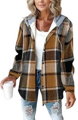 Generic Chemises en flanelle &agrave; carreaux avec capuche pour femmes, veste d&eacute;contract&eacute;e &agrave; manches longues en flanelle pour femmes, tenues dautomne pour femmes 20