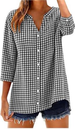 Generic Chemises boutonn&eacute;es en coton &agrave; manches 3/4 pour femmes, haut ray&eacute; vichy &agrave; carreaux et col en V, chemisier ample d&eacute;contract&eacute; d&eacute;t&eacute; &agrave; carreaux, Noir, XXL