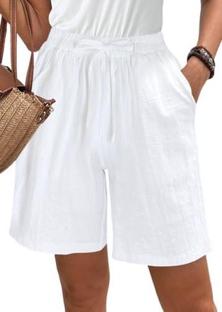 ORANDESIGNE Shorts Femme Pantalon Court en Lin été Bermuda Taille élastique Short Taille Haute avec Poches Mode Chic Ample Shorts de Plage A Blanc XXL