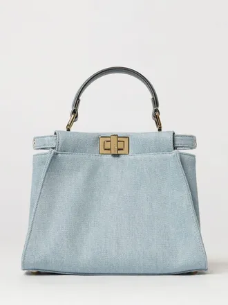 Fendi Mini-sac Peekaboo en denim avec poign&eacute;e et bandouli&egrave;re en cuir