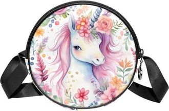 Generic Sac &agrave; bandouli&egrave;re rond pour femme, motif licorne, fleurs, petit sac &agrave; bandouli&egrave;re avec fermeture &eacute;clair, bretelles r&eacute;glables, sac &agrave; main rond d&eacute;contra
