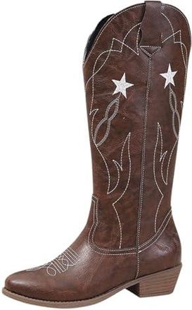 Generic Bottes déquitation en cuir pour femme - Bottes de cowboy pour femme - Bottes mi-hautes - Antidérapantes - Doux et confortables - Chaussures tendance à