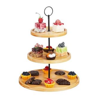 Relaxdays Etagere, 3 Etagen, Bambus, Kuchen, Snacks, Obst, Metallgriff, Servierst&auml;nder, HxD: 36 x 28 cm, Natur/schwarz
