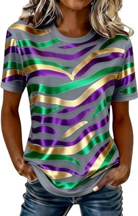 Generic T-shirt d&eacute;contract&eacute; &agrave; manches courtes et col rond pour femme - Imprim&eacute; abstrait &agrave; rayures color&eacute;es - T-shirt d&eacute;t&eacute; doux et extensible pour le travail, 