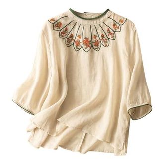 Generic T-shirt d&eacute;t&eacute; ethnique en lin pour femme - Manches 3/4 - Bloc de couleurs - Avec broderie, beige, XXL
