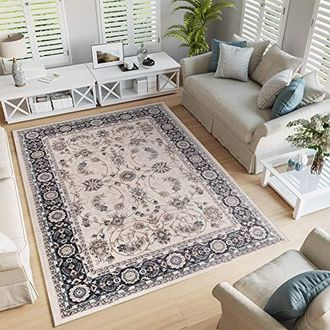 Tapiso Colorado Tapis Poil Ras Design Traditionnel Cr&egrave;me Beige Anthracite Motif Floral Ornamental Bordure Tapis Salon Chambre Bureau Oeko-TEX R&eacute;sistant 140 x