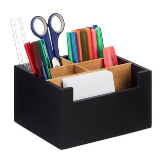 Relaxdays Schreibtisch Organizer, Bambus, 5 F&auml;cher, f&uuml;r B&uuml;robedarf & Kosmetik, Stiftebox, HBT: 9,5 x 18 x 15 cm, schwarz