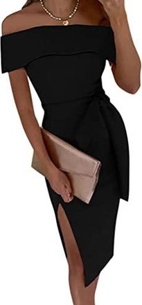 Minetom Femme Élégante Epaules Dénudées Robe Unie Moulante Affaires Crayon Robe de Soirée Mariage Cocktail E Noir XXL