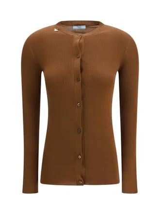 Prada Womens Cardigan Ribbed Wool Tobacco Fleece Sweater