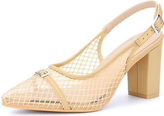 Allegra K Sandales &agrave; talon en maille pour femme avec boucle mentale et talon &eacute;pais, beige, 37.5 EU