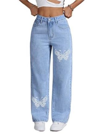 Generic Y2K Jeans pour femme avec strass papillon et strass, bleu clair, XXL