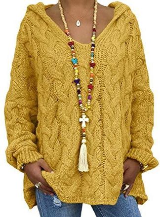 Minetom Pull à Capuche Femme Manches Longues Sweat Shirt Top Haut Tricot Chandail Tunique Chaud Oversize Ample Pullover Jaune Foncé XXL