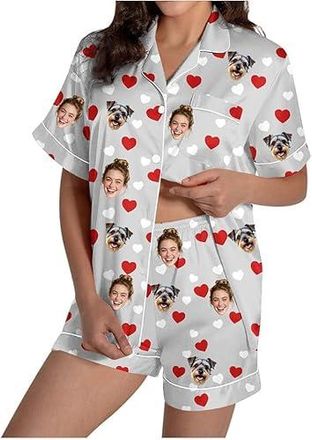 Generic Pyjama photo personnalis&eacute; pour femme avec visage photo - Ensemble de pyjama personnalis&eacute; en satin pour femme - Ensemble de pyjama 2 pi&egrave;ces pour femme 