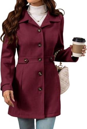 Generic Trench &agrave; simple boutonnage pour femme - Longueur mi-longue - V&ecirc;tement dext&eacute;rieur habill&eacute; - Revers crant&eacute; - Automne et hiver - Caban, rouge vin, XXL