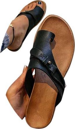 Onsoyours Sandales Plates Femme Confortable PU Été Bout Ouvert Rome Chaussures Vintage Pantoufles de Plage Vacances dextérieur Slippers Tongs avec Boucle Noir 3