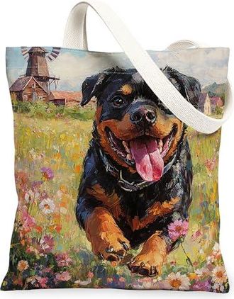 Generic Spring Rottweilers Sac fourre-tout en toile r&eacute;utilisable pour faire du shopping, 33 x 38,1 cm, motif chiot de campagne pour femme, motif floral, anima