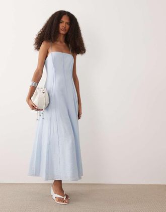 Mango Robe longue &agrave; encolure carr&eacute;e et coutures apparentes - Bleu pastel