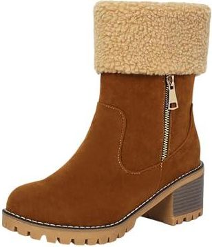 Generic Bottes dhiver pour femme doubl&eacute;es de fausse fourrure confortables mi-mollet &eacute;l&eacute;gantes d&eacute;contract&eacute;es r&eacute;tro talon &eacute;pais fermeture &eacute;clair lat&eacute;rale confor