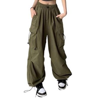 Generic Pantalon cargo pour femme - Taille haute - Jambe large - Baggy d&eacute;contract&eacute; - Pantalon de parachute Y2K Streetwear avec plusieurs poches, vert militair