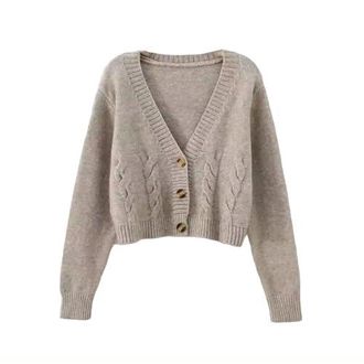 Generic Cardigan court &agrave; col en V et manches longues en tricot &agrave; simple boutonnage pour femme Coupe ajust&eacute;e Solide &Eacute;piss&eacute; &Eacute;l&eacute;gant Manteaux, Kaki, taille uniqu