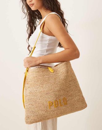 Polo Ralph Lauren Sac de plage &agrave; bandouli&egrave;re en rotin - &Eacute;cru et jaune
