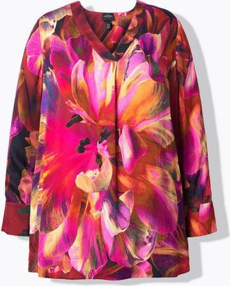 Ulla Popken Druckbluse Satinbluse Bl&uuml;ten V-Ausschnitt Langarm