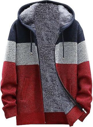 Generic Sweat &agrave; capuche tricot&eacute; pour homme, cardigan tricot&eacute; &agrave; fermeture &eacute;clair int&eacute;grale, veste &agrave; capuche doubl&eacute;e en polaire, manteau &eacute;pais et chaud, patchwo