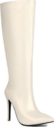 Generic Beige,42 EU,Bottes Hautes pour Femmes, Bout Pointu, Talons Aiguilles, à Enfiler, Mollet Large, Bottes Hautes en Cuir PU, Bottes déquitation Longues, C