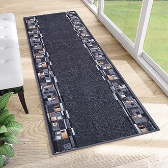 Tapiso Antid&eacute;rapant Tapis Couloir Long Tapis au M&egrave;tre Tapis de Passage Poils Ras Tapis Entr&eacute;e Cuisine &Eacute;vier Chambre Escaliers Moderne Gris Bleu Marron G&eacute;om&eacute;t