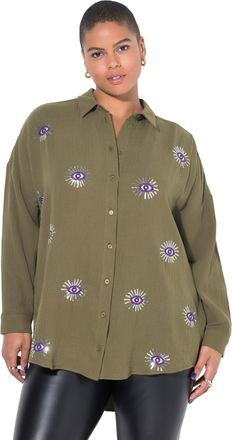 STUDIO UNTOLD Damen große Größen Übergrößen Plus Size Bluse, Oversized, Musselin, Augen-Stickerei Dunkles Olive 42+ 833843641-42+