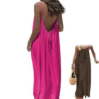 Generic Robe caraco dos nu de couleur unie pour femme, robe longue d&eacute;contract&eacute;e pour la plage, les vacances, rose rouge, XL