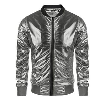 Generic Blouson Baseball Homme &agrave; Paillettes M&eacute;talliques Brillant Style Disco Ann&eacute;es 70 Veste Bomber D&eacute;contract&eacute;e pour F&ecirc;te, Danse, Discoth&egrave;que - Fermeture &Eacute;cl